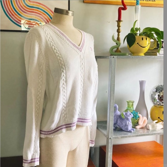 Vintage | Sweaters | Vintage Varsity White And Purple Cable Knit Retro ...